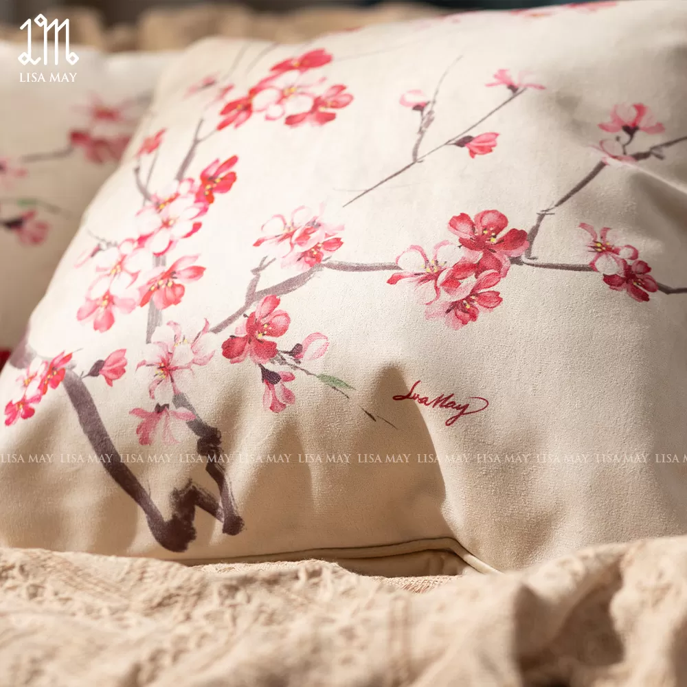 Gối vuông thiết kế họa tiết hoa đào (DG-HD01g)